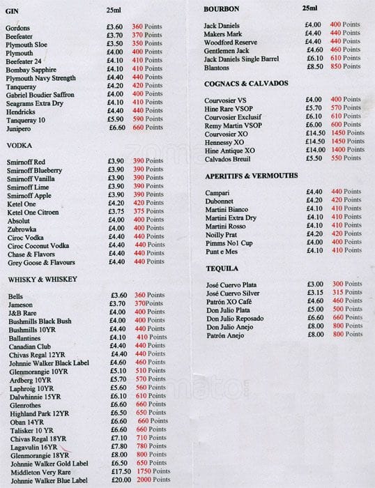 Menu at Vapour Bar, London