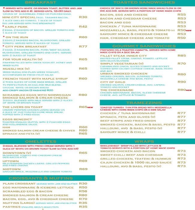 Menu at City Perk Cafe, Johannesburg
