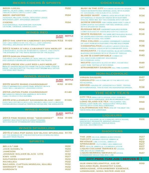 Menu at City Perk Cafe, Johannesburg