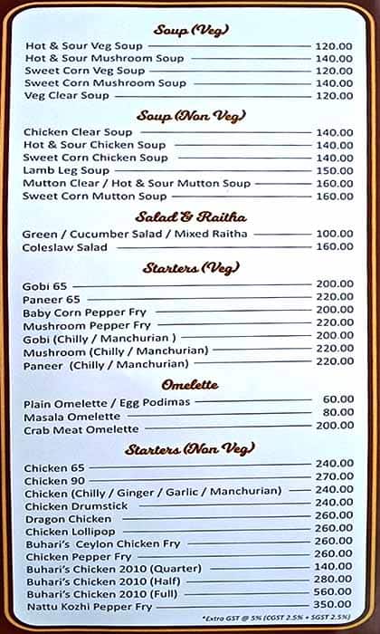 Menu of Buhari, Adyar, Chennai