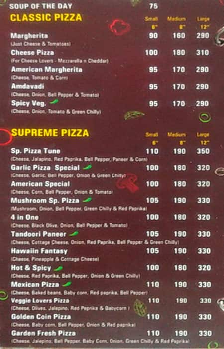 Menu of Pizza Tune, Satellite, Ahmedabad