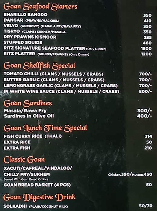 Menu of Ritz Classic, Panaji, Goa