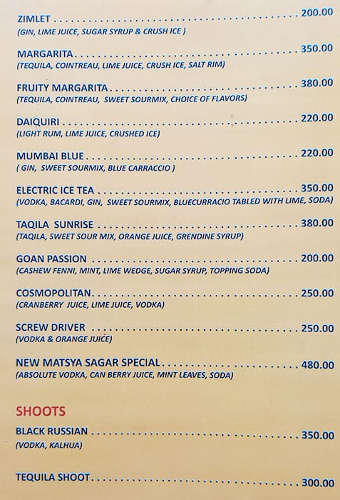 Menu at NEW MATSYA-SAGAR seafood restaurant, Panaji