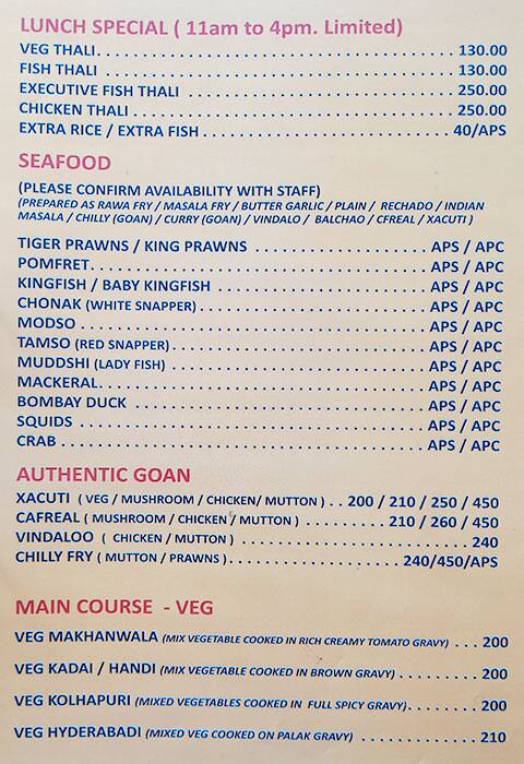 Menu at NEW MATSYA-SAGAR seafood restaurant, Panaji
