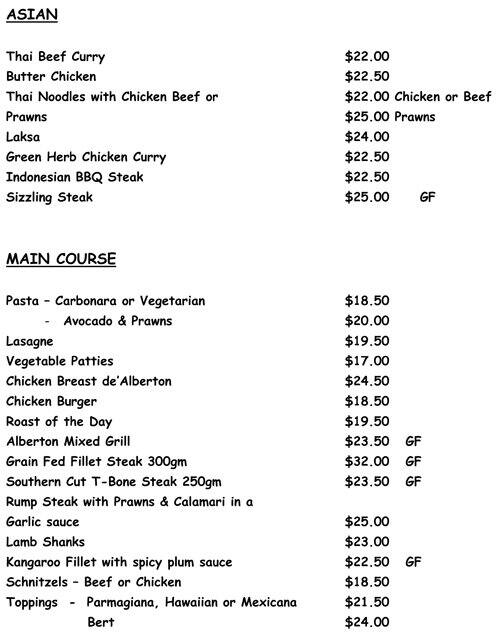 Menu at Alberton Hotel restaurant, Alberton