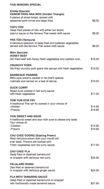 Menu at Thai Makong Restaurant, Mornington