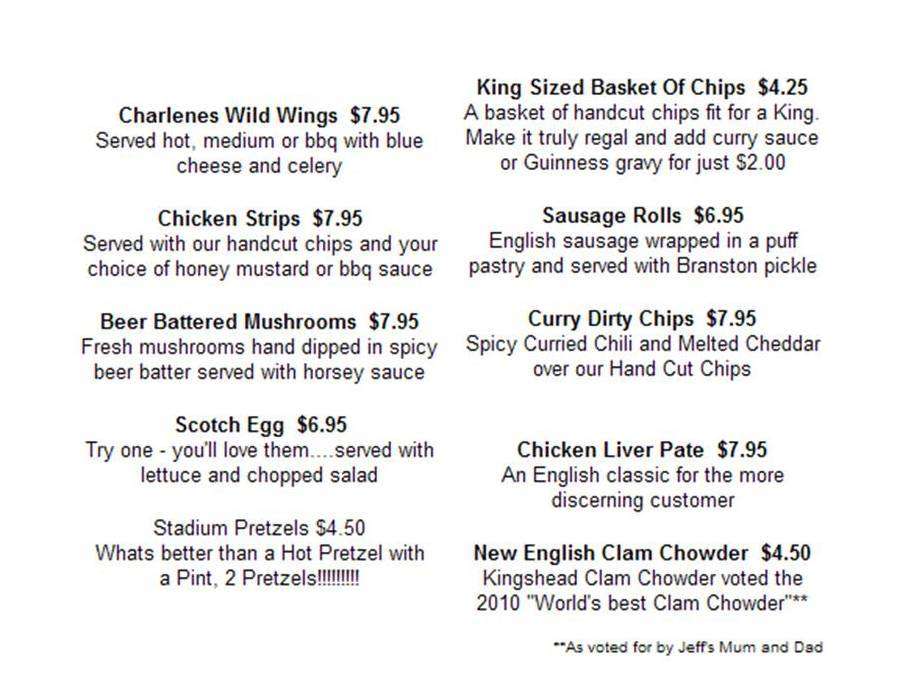 Menu at Kings Head British Pub Sunrise, Sunrise