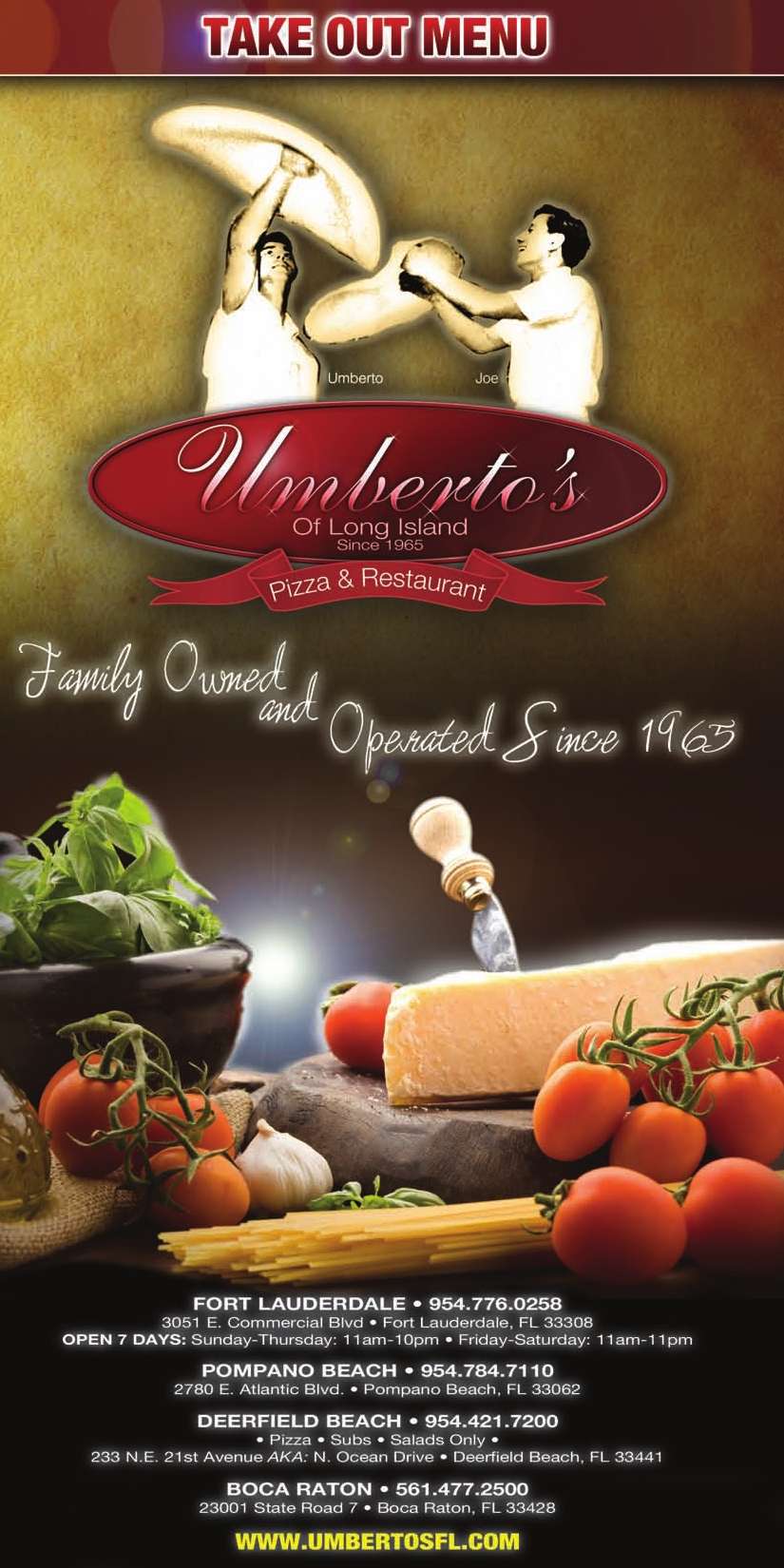 Menu at Umberto's pizzeria, Pompano Beach
