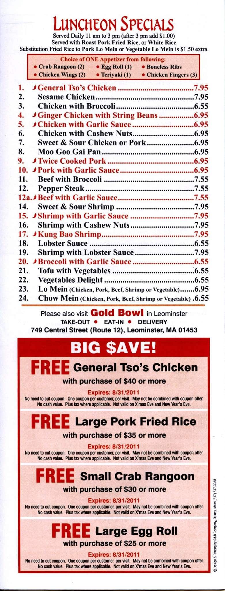 Menu at Gold Bowl restaurant, Fitchburg