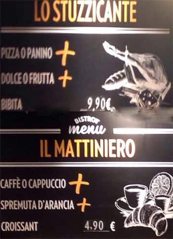 Menu at Duomo Café restaurant, Milan