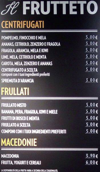 Menu at Duomo Café restaurant, Milan