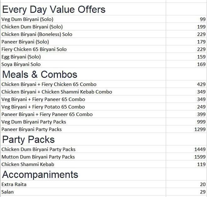 Menu at Bombay Biryani & Kebabas, Nerul