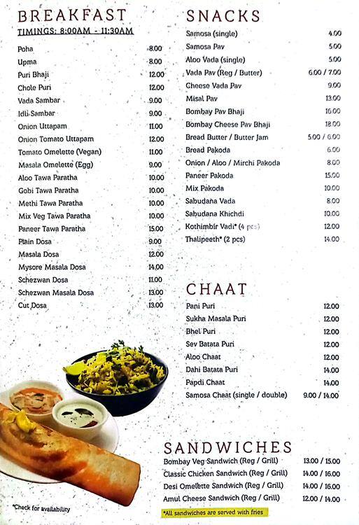Menu of Vaishali's Bombay Bites, Jumeirah Lake Towers (JLT), Dubai
