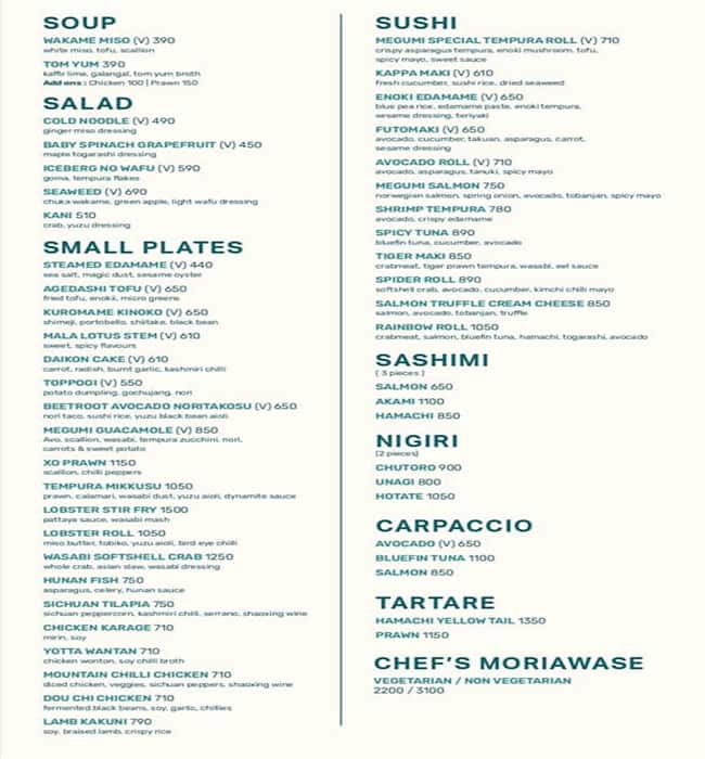 Menu of Megumi, Santacruz West, Mumbai