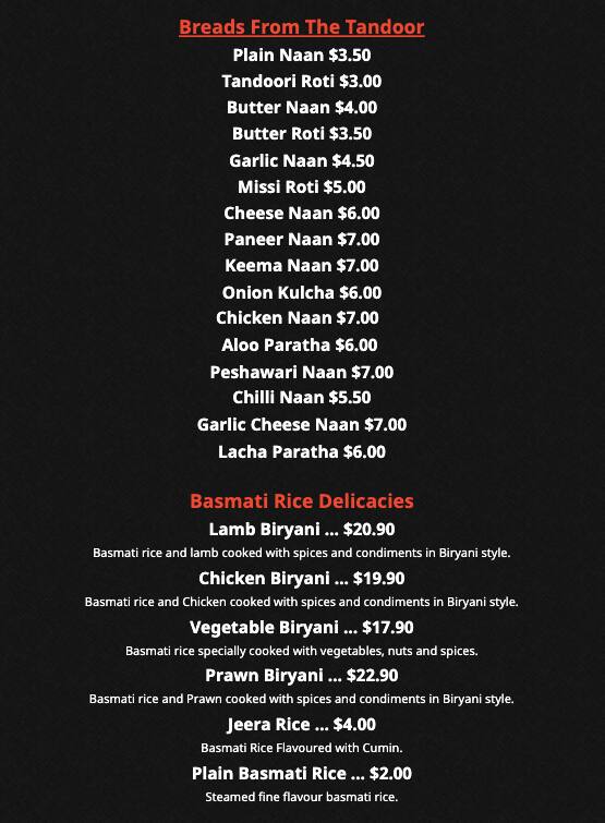 Menu at Indian Accent restaurant, Auckland, 71 Lunn Ave
