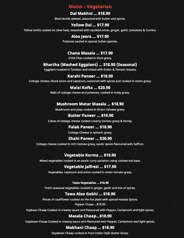 Menu at Indian Accent restaurant, Auckland, 71 Lunn Ave