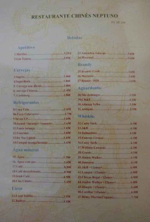 Menu at Neptuno restaurant, Lisbon, Shopping E Lazer Alvalaxia