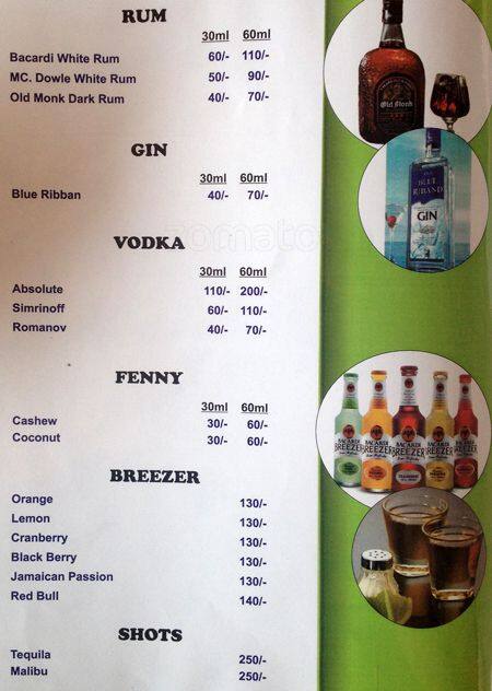 Menu at Sameer Bar, Canacona