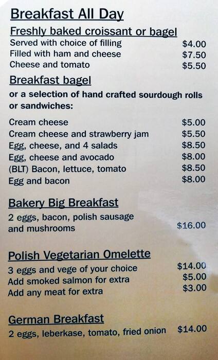 Menu at Polish Rye Crust Bakery, Dandenong