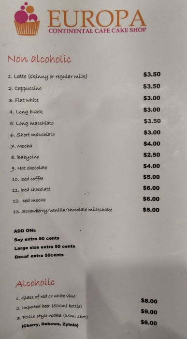 Menu at Europa cafe, Carnegie
