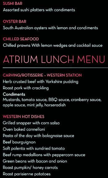Menu at Atrium Buffet restaurant, Burswood, Crown Metropol