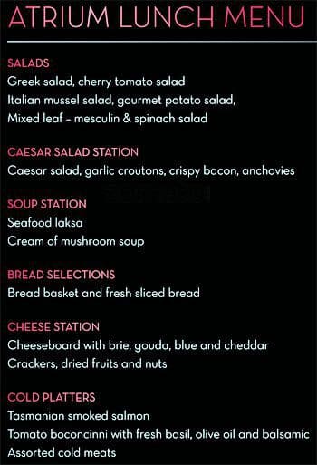 Menu at Atrium Buffet restaurant, Burswood, Crown Metropol
