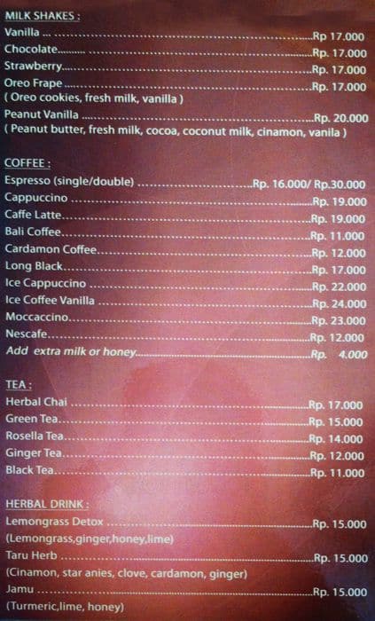 Menu at Click cafe, Ubud