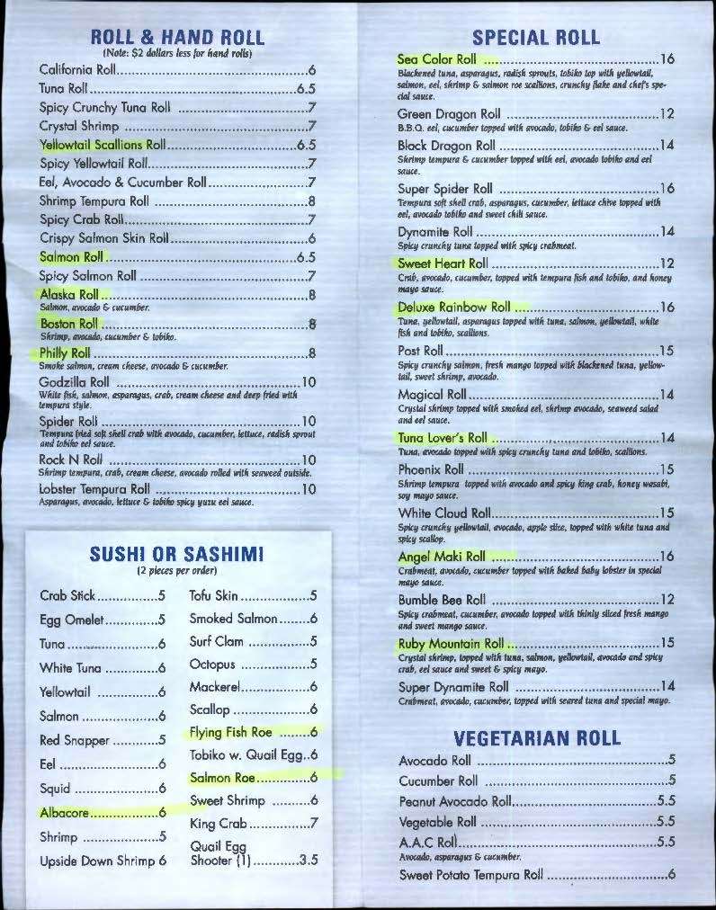 Menu at Blue Moon Asian Cuisine & Sushi Bar, Elko