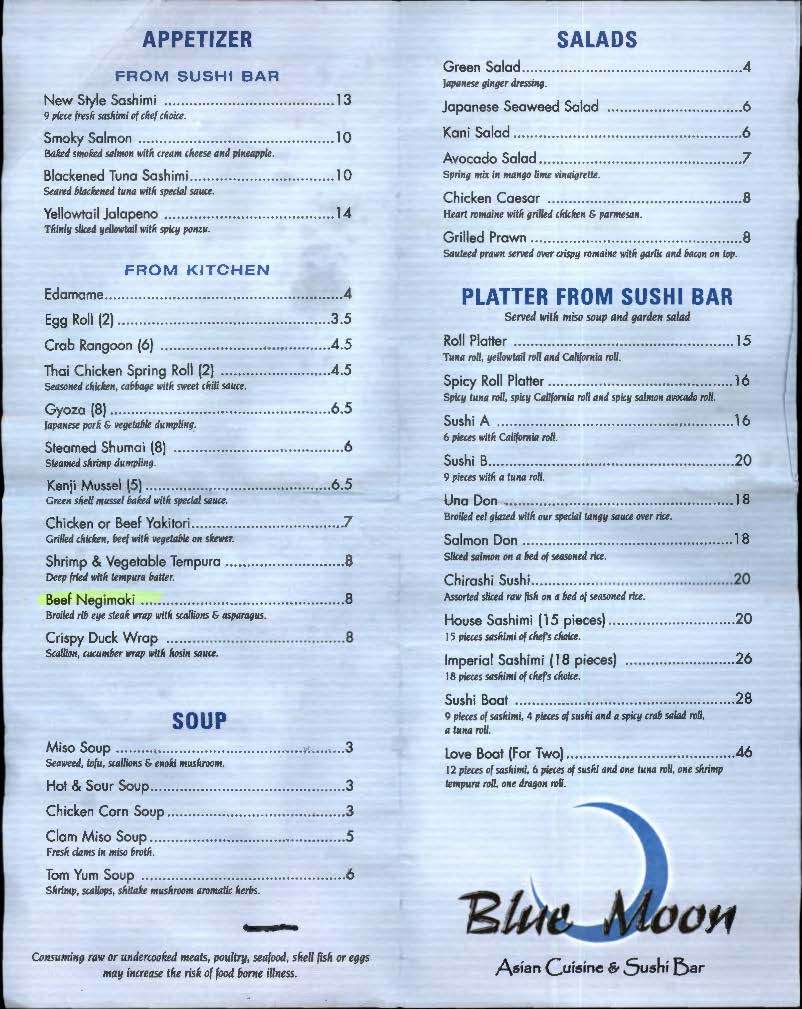 Menu at Blue Moon Asian Cuisine & Sushi Bar, Elko