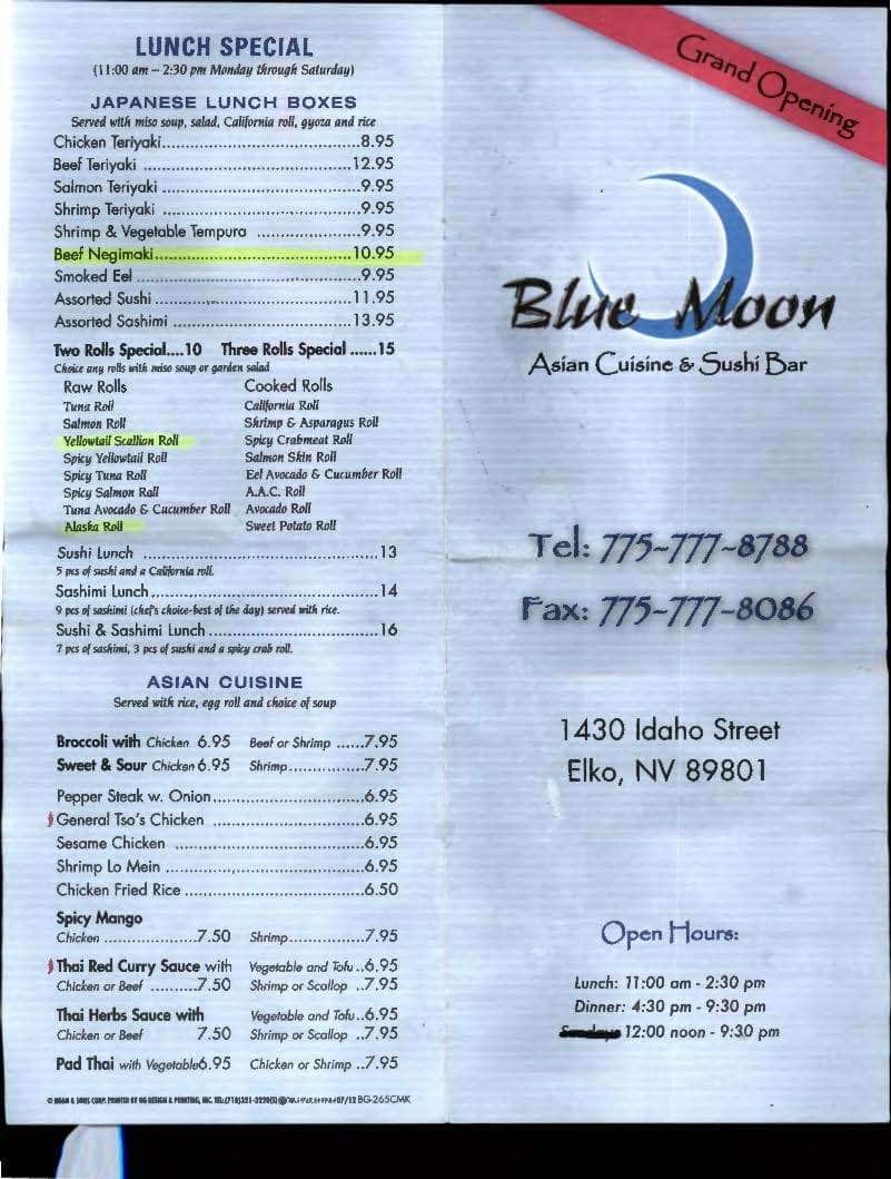 Menu At Blue Moon Asian Cuisine And Sushi Bar Elko