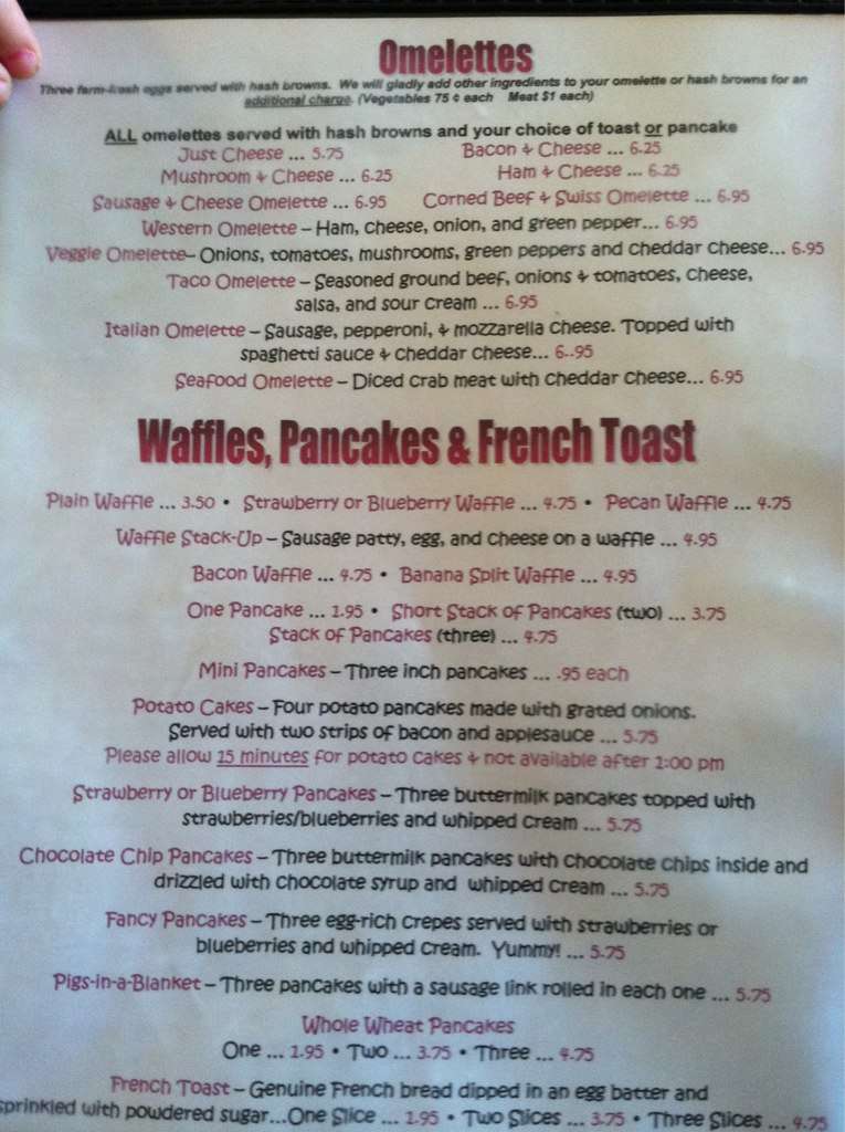 Menu at Maxine's restaurant, Rice Lake