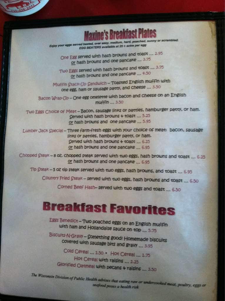 Menu at Maxine's restaurant, Rice Lake