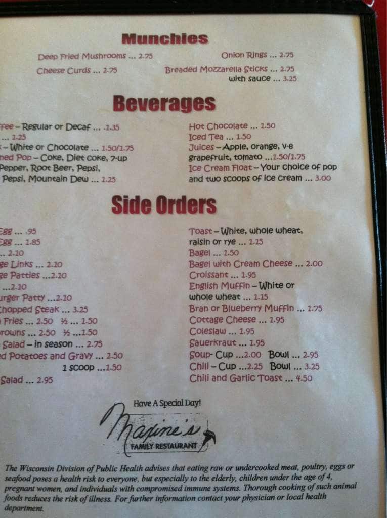 Menu at Maxine's restaurant, Rice Lake