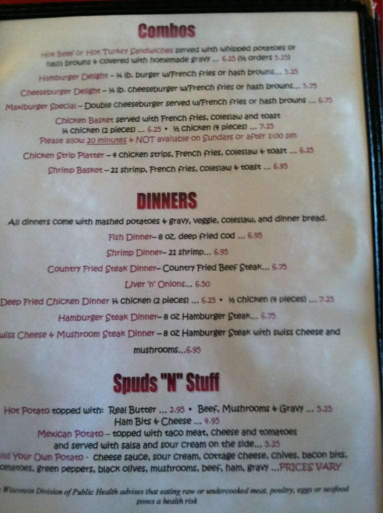 Menu at Maxine's restaurant, Rice Lake