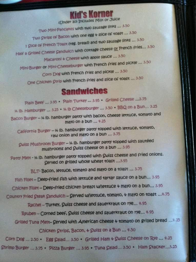 Menu at Maxine's restaurant, Rice Lake