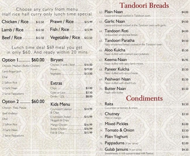 Menu at Tandoori Nights Indian Cuisine restaurant, Wellard