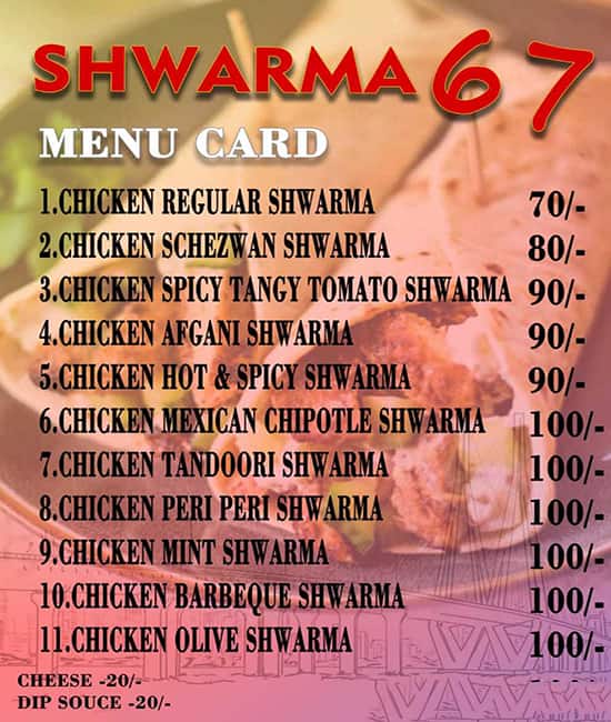 Menu of Shwarma 67, Kandivali West, Mumbai