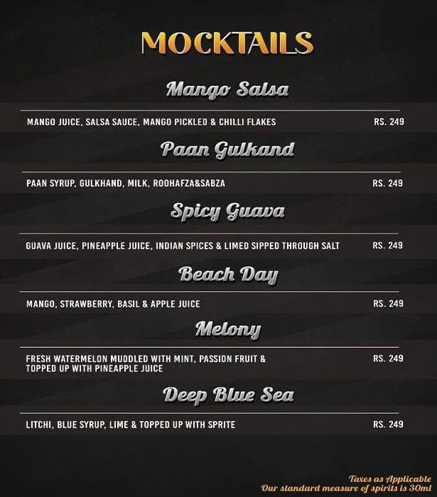 Menu at Club Bombay At Sheesha Sky Lounge, Mumbai