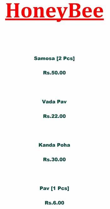 Menu of HoneyBee, Kalyan, Thane