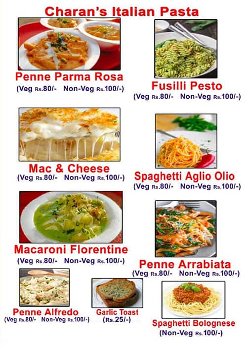 Menu of Charan's Pasta, Moosapet, Hyderabad