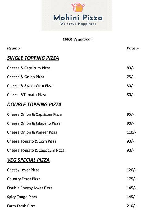 Menu of Mohini Pizza, Gamma 1, Greater Noida