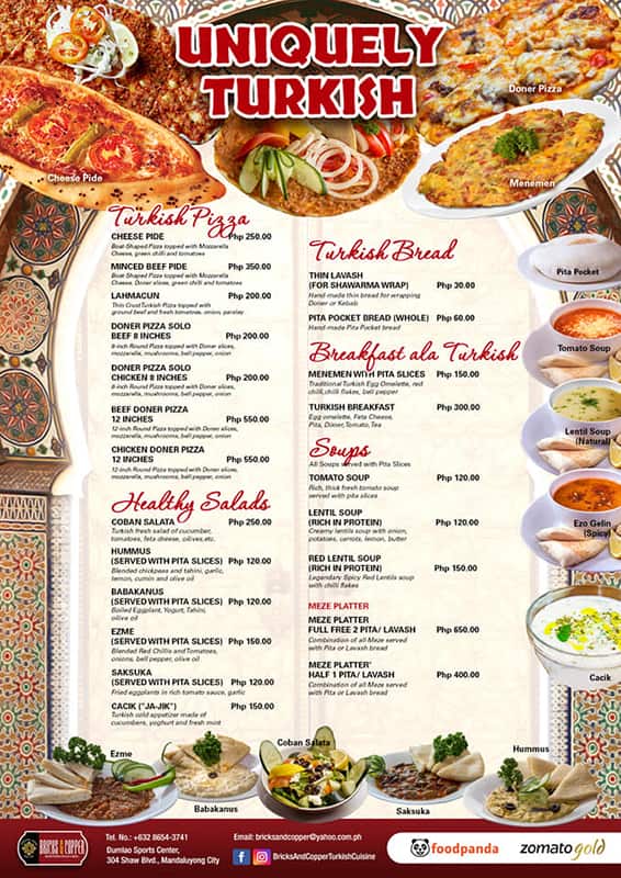 Menu at Bricks and Copper Turkish Cuisine restaurant, Mandaluyong