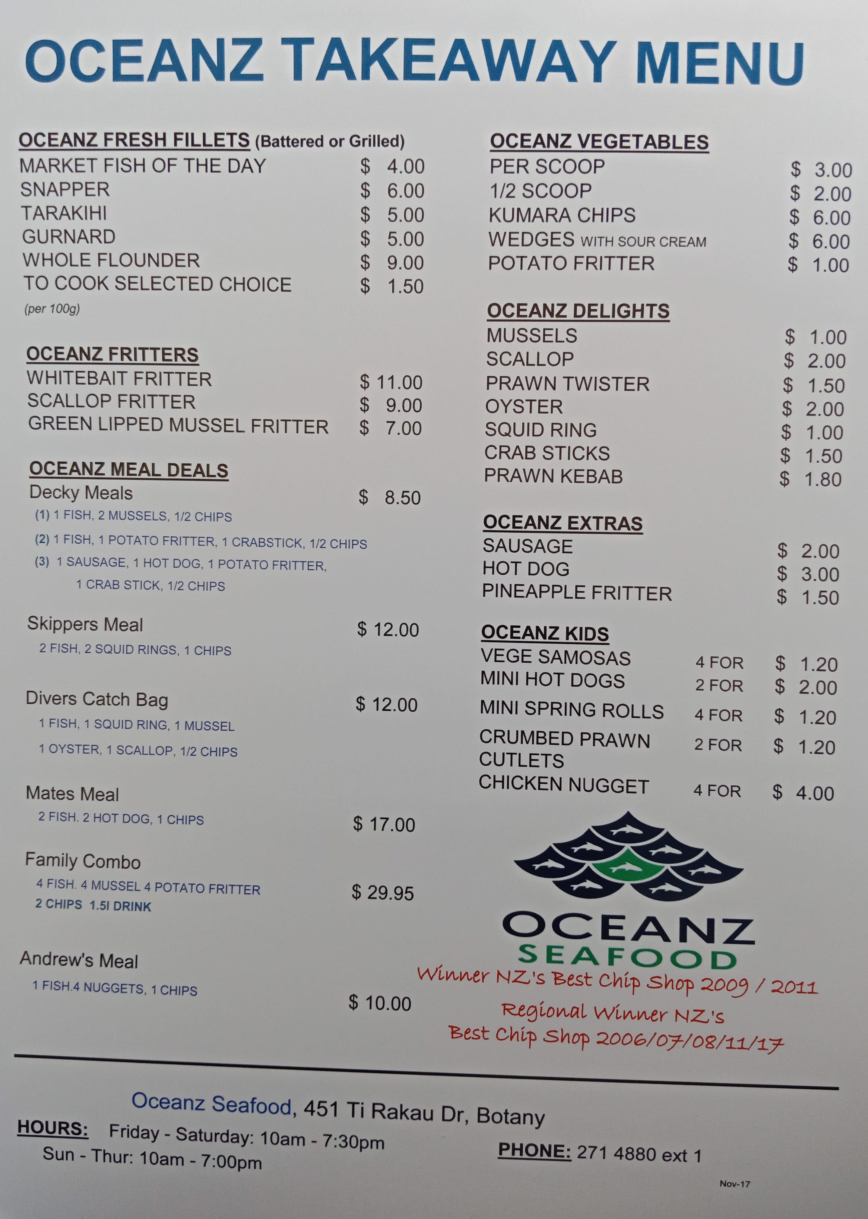 Menu at Oceanz Seafood Botany restaurant, Auckland