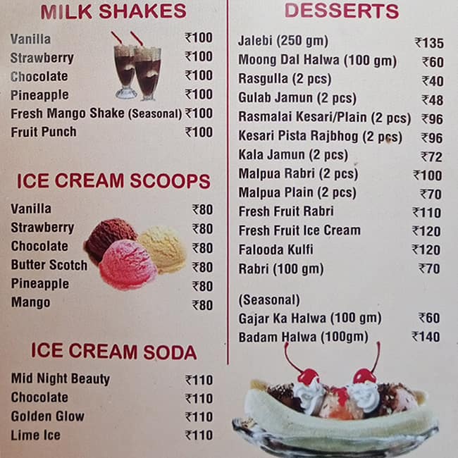 Menu at Bengali Sweet Center, New Delhi