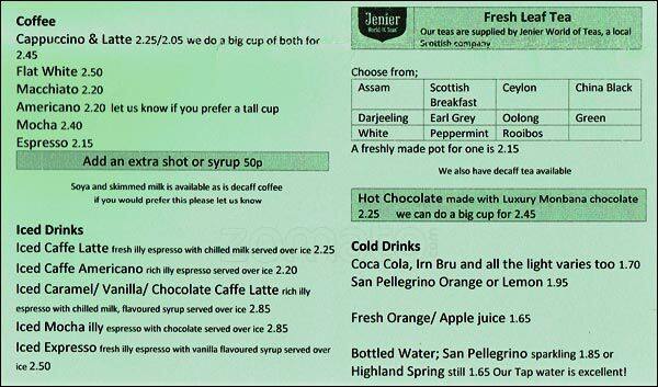 Menu at Bell & Felix cafe, Glasgow