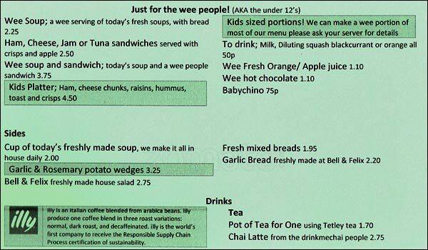 Menu at Bell & Felix cafe, Glasgow