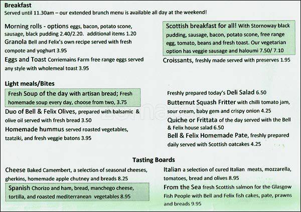 Menu at Bell & Felix cafe, Glasgow