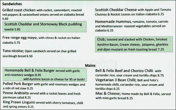 Menu at Bell & Felix cafe, Glasgow