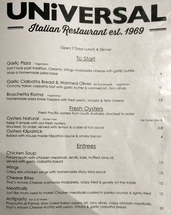 Menu at Universal Restaurant, Carlton