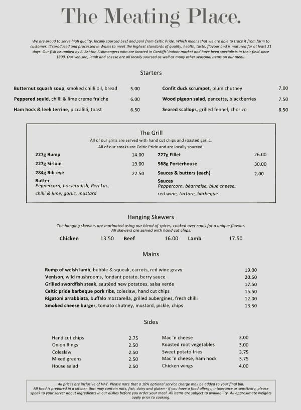 Menu at The Meating Place steakhouse, Cardiff